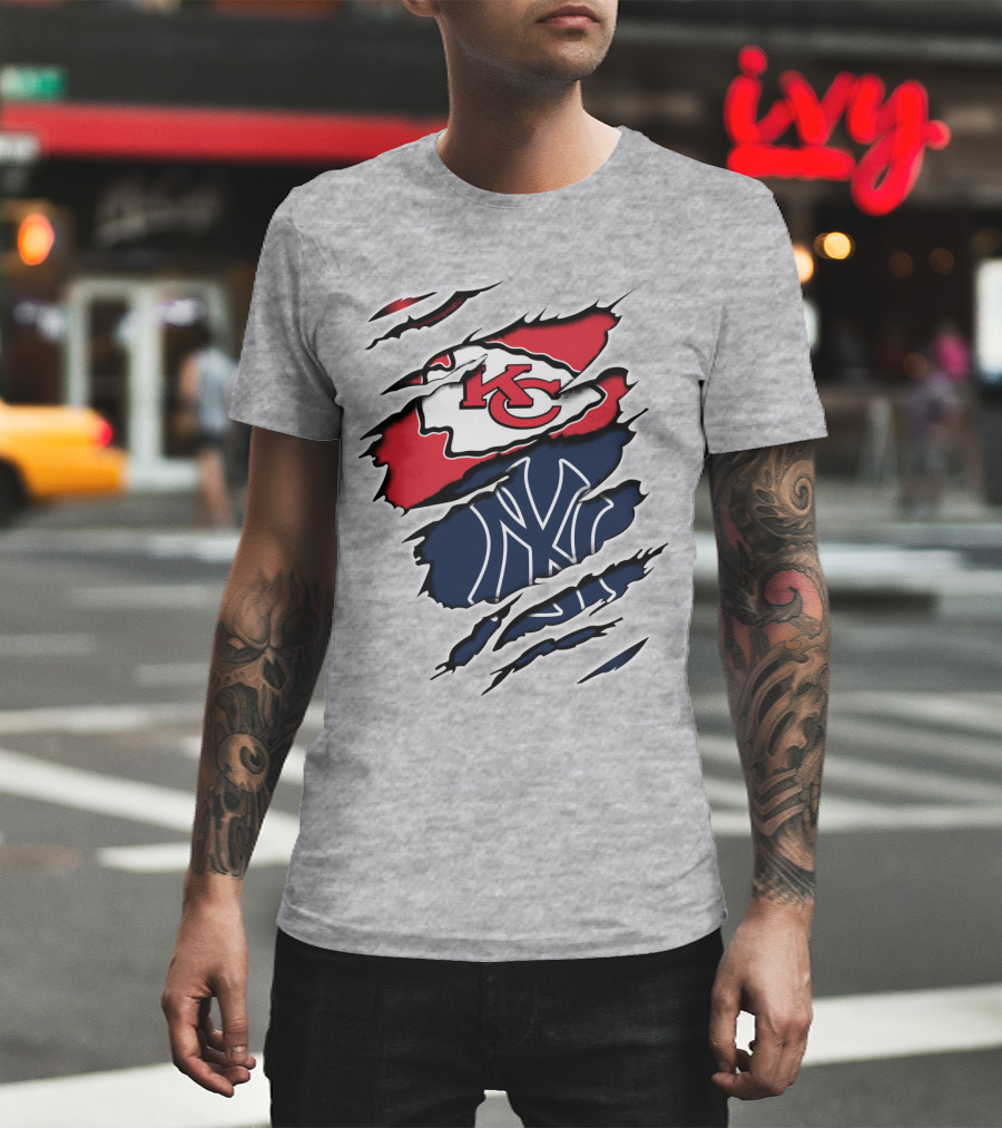 Chiefs Yankees KC NY Hybrid Logo Ripped T-Shirt
