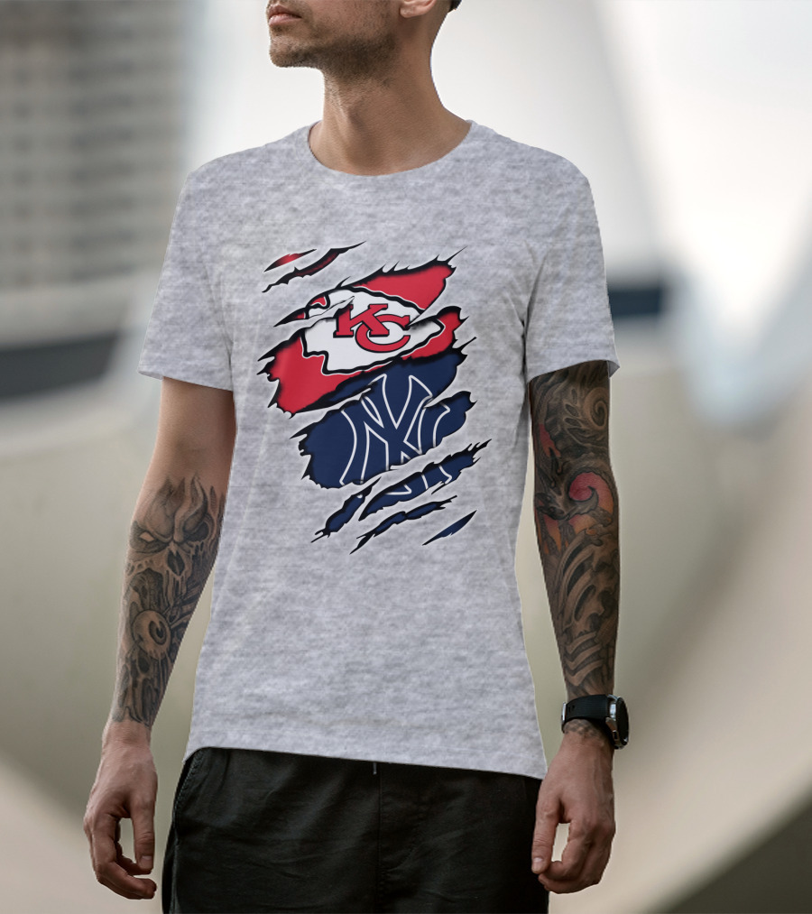 Chiefs Yankees KC NY Hybrid Logo Ripped T-Shirt