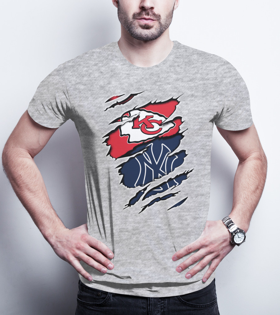 Chiefs Yankees KC NY Hybrid Logo Ripped T-Shirt