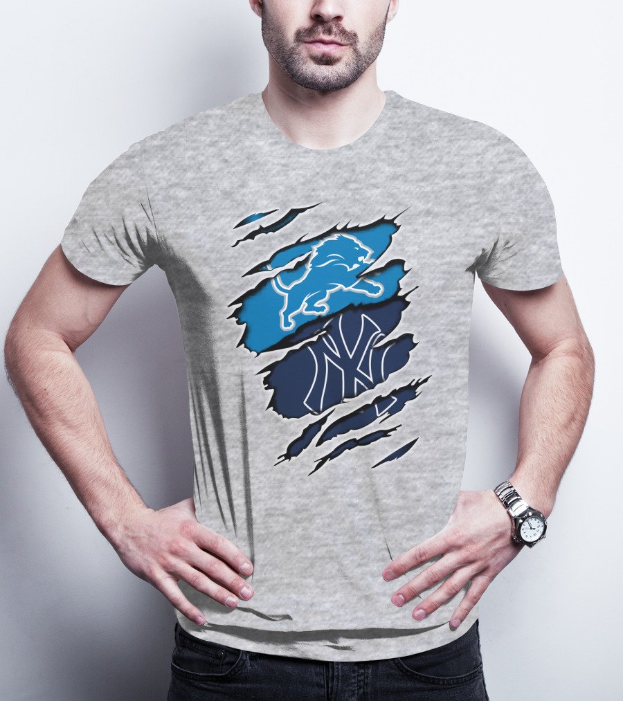 Detroit Lions And New York Yankees Ripped Claw T-Shirt