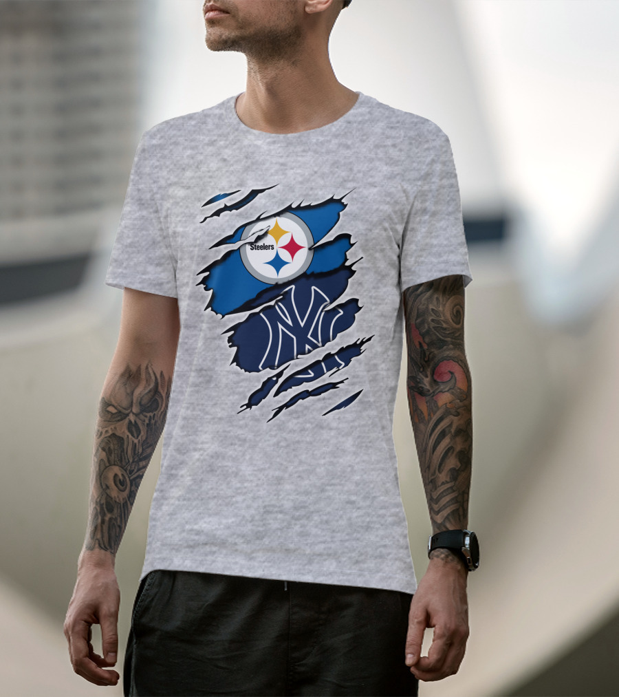Steelers Yankees Logo Fusion Ripped Effect T-Shirt