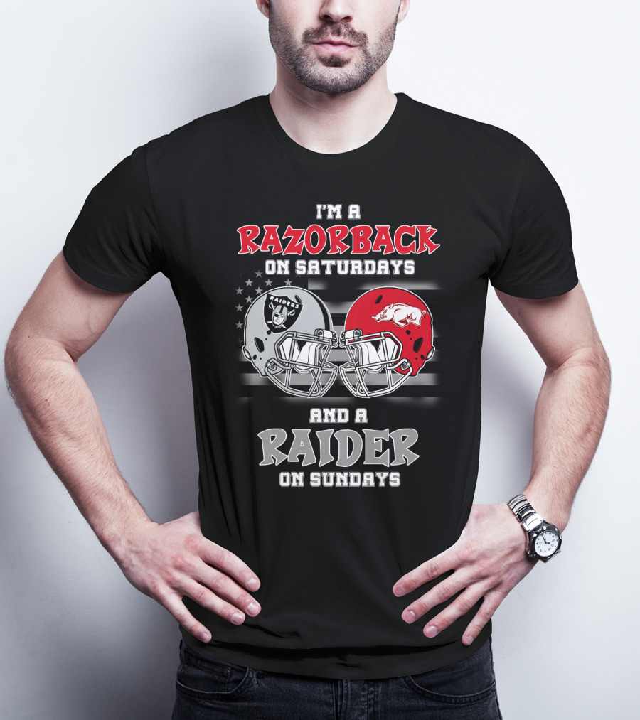 I'm A Razorback On Saturdays And A Raider On Sundays Razorbacks Raiders Helmet T-Shirt