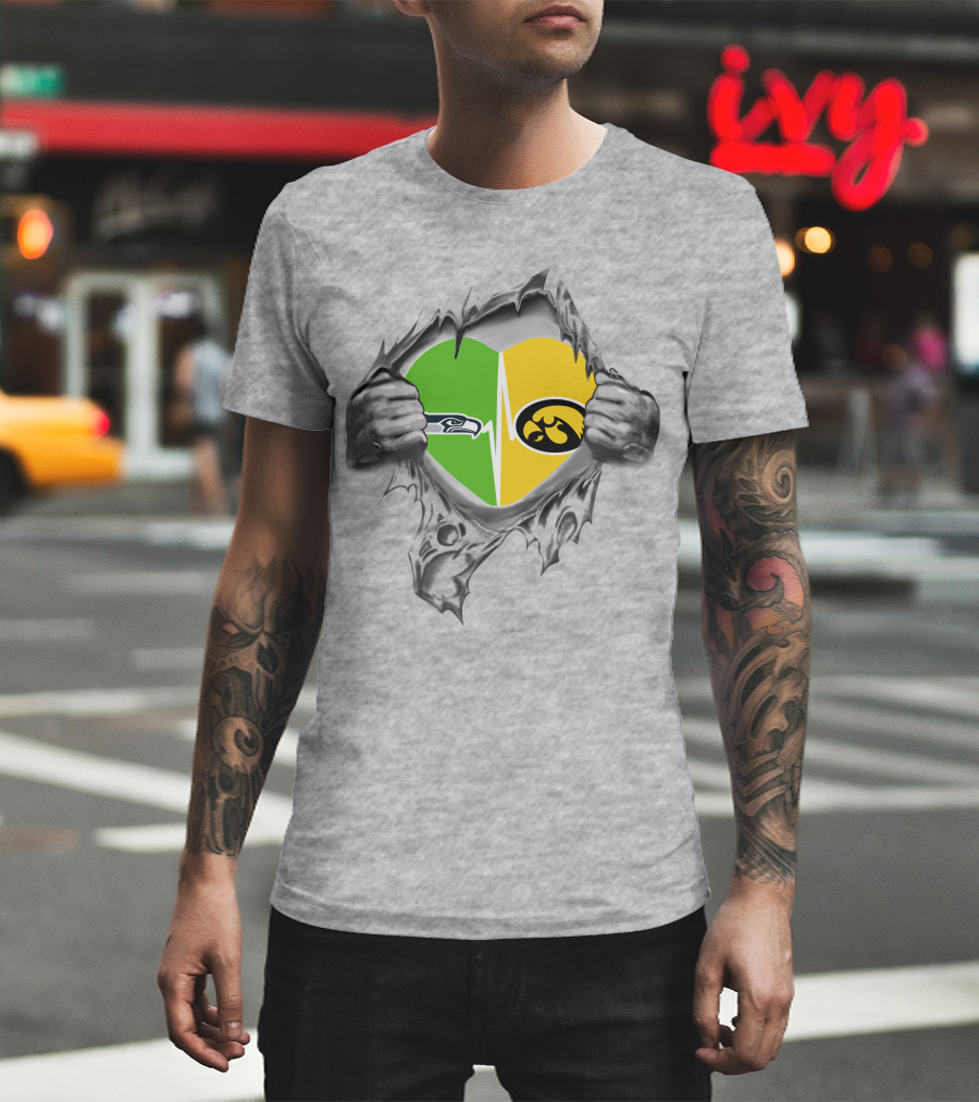 Hawkeyes Seahawks Heart Split Torn Grey Background T-Shirt
