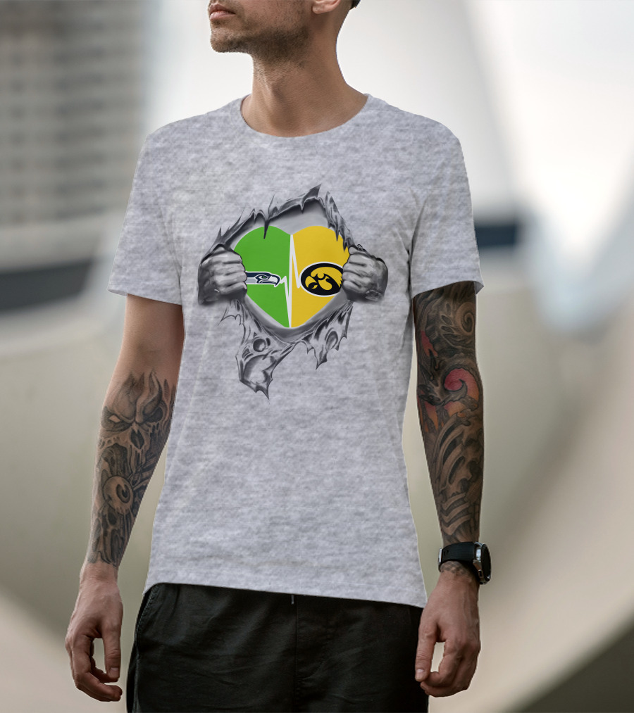 Hawkeyes Seahawks Heart Split Torn Grey Background T-Shirt