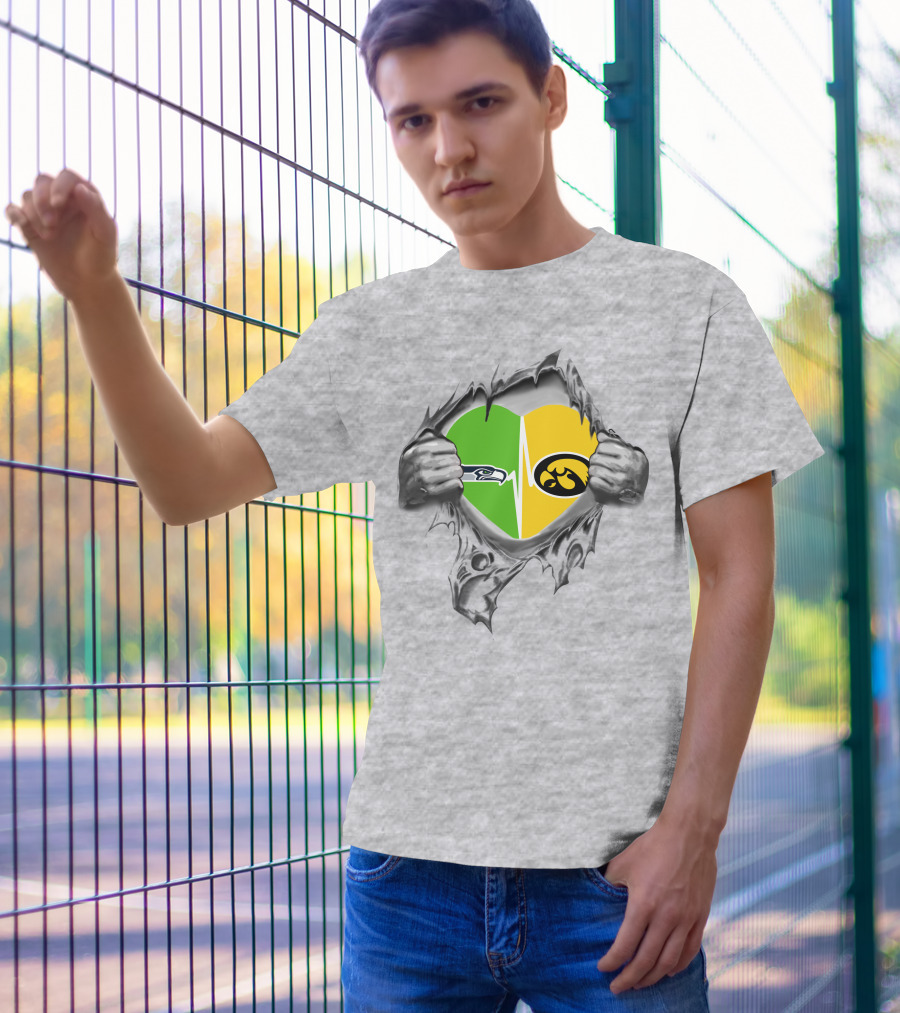Hawkeyes Seahawks Heart Split Torn Grey Background T-Shirt