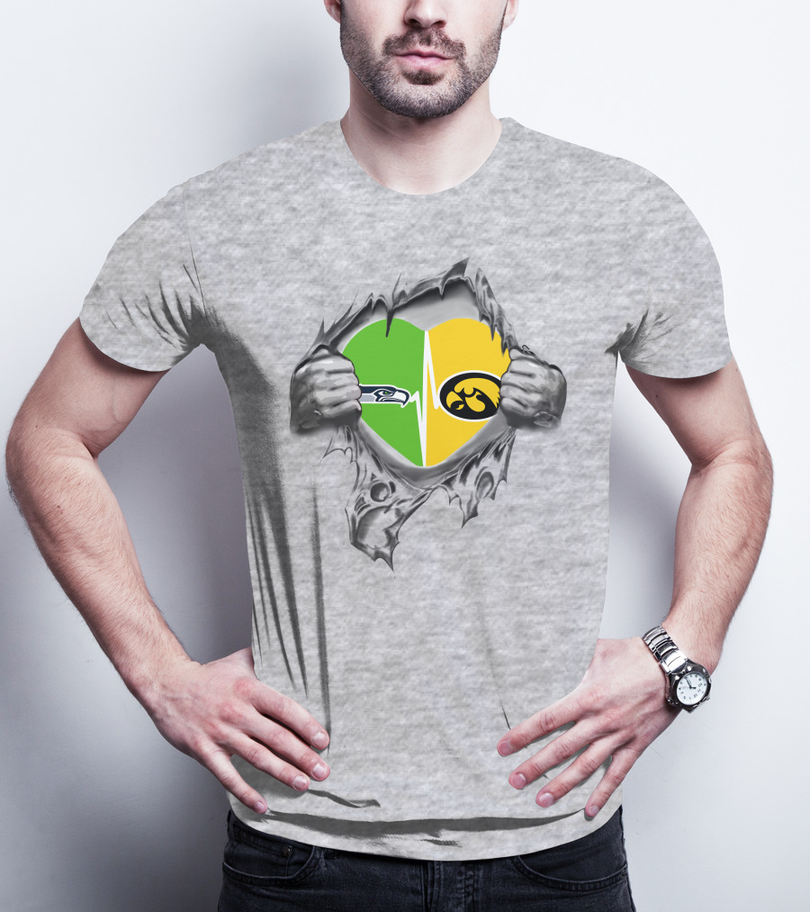 Hawkeyes Seahawks Heart Split Torn Grey Background T-Shirt