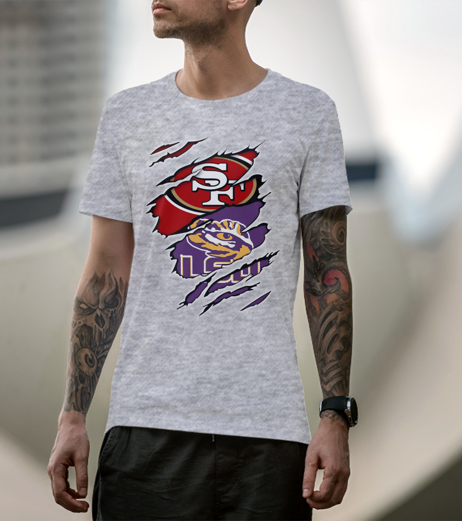LSU Tigers And San Francisco 49ers Logos On Torn Background T-Shirt
