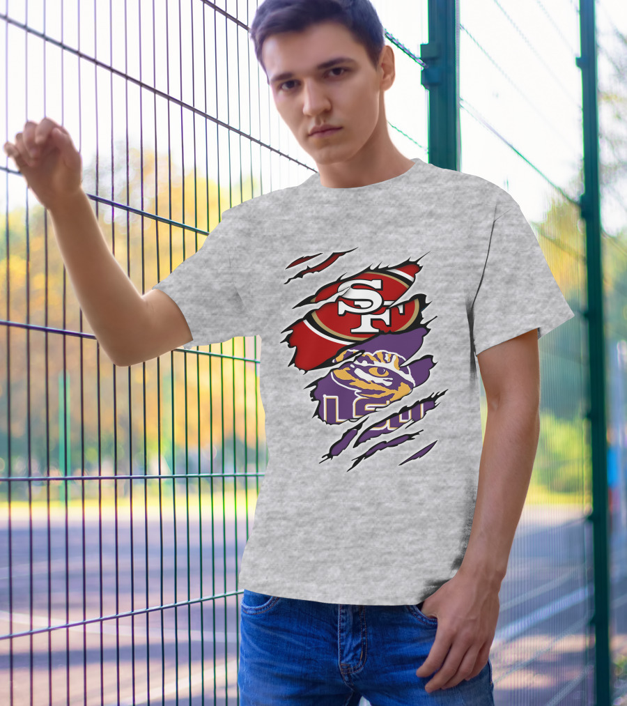 LSU Tigers And San Francisco 49ers Logos On Torn Background T-Shirt
