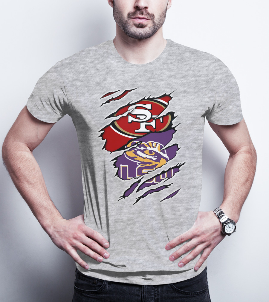 LSU Tigers And San Francisco 49ers Logos On Torn Background T-Shirt
