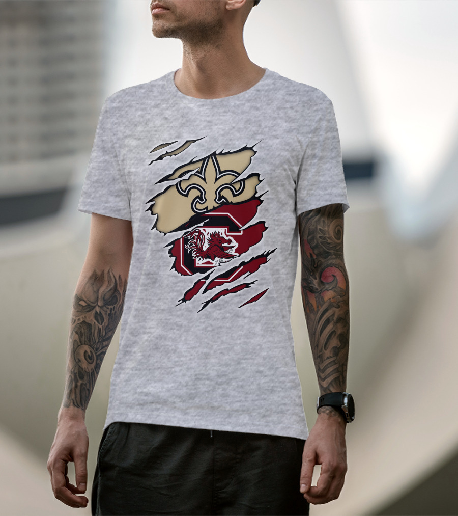 Saints Gamecocks Logo Crossover With Fleur-de-Lis And Fighting Rooster T-Shirt