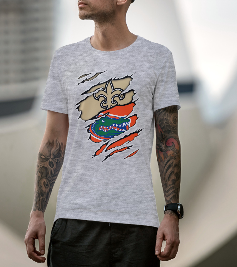 Saints Fleur-de-Lis And Gators Logo Rip T-Shirt
