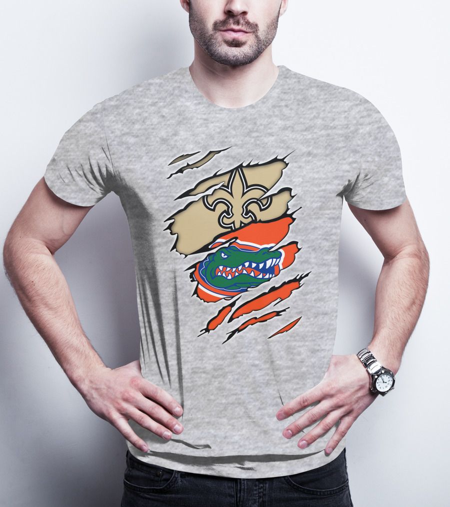 Saints Fleur-de-Lis And Gators Logo Rip T-Shirt