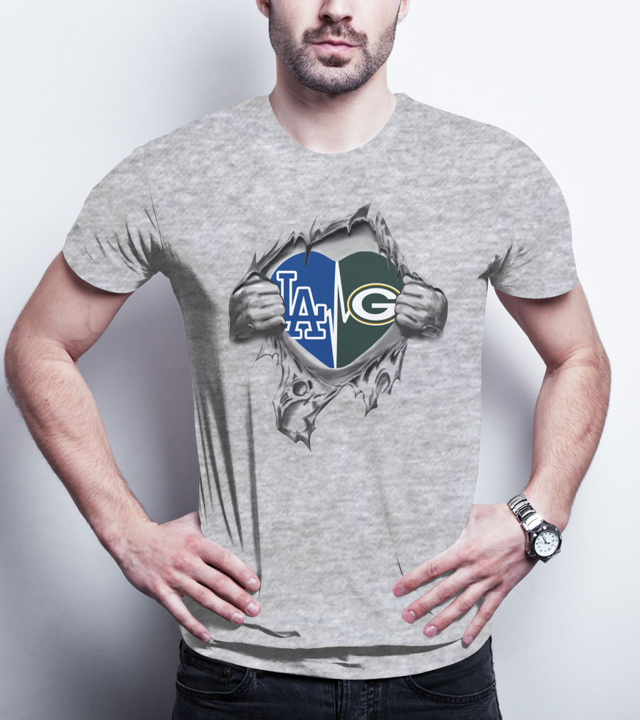 Packers Dodgers Heart With LA And Green Bay T-Shirt