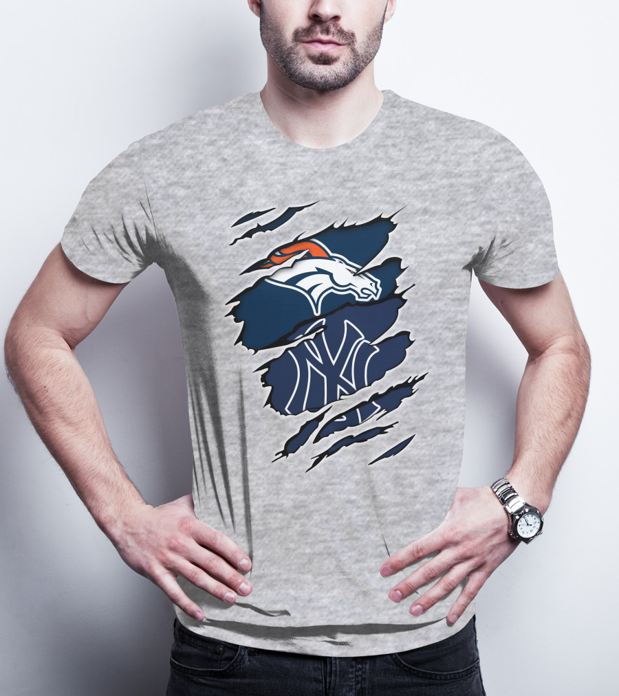 Broncos Yankees Distressed Dual Team Logo Fusion T-Shirt