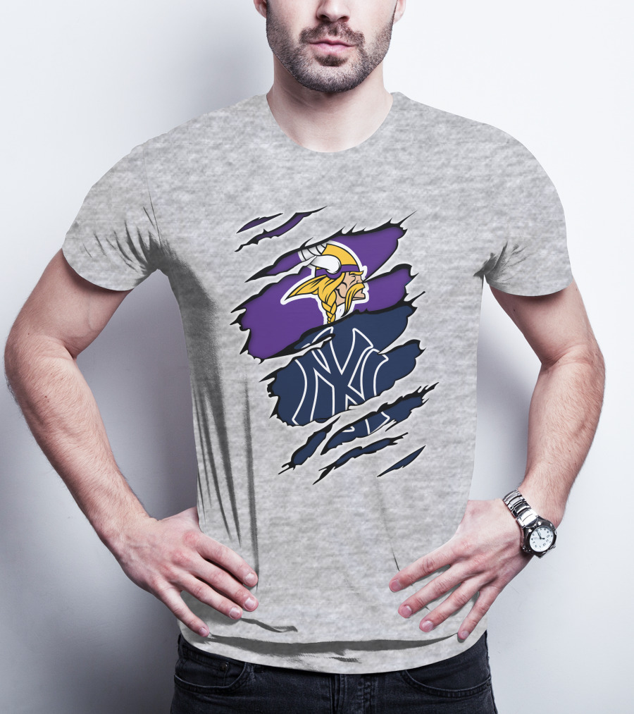 Vikings Yankees Logo Mashup Ripped Effect T-Shirt
