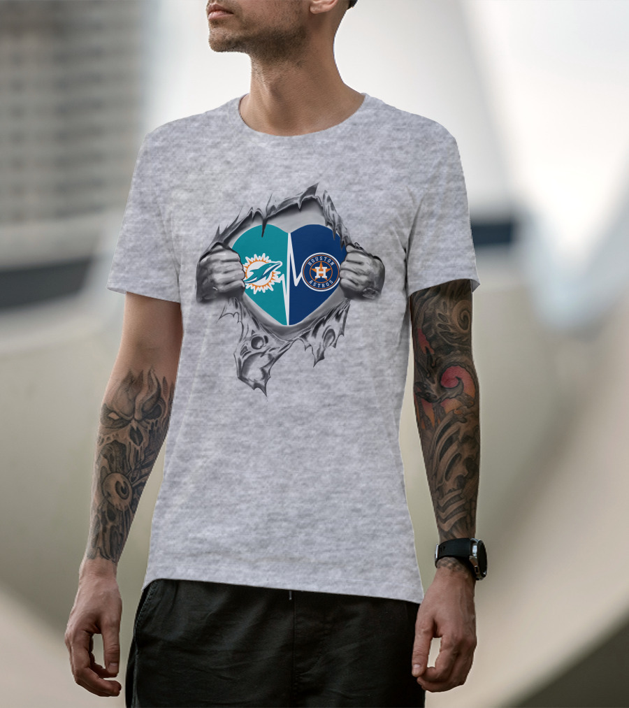 Houston Astros Miami Dolphins Heartbeat Logo Fusion T-Shirt