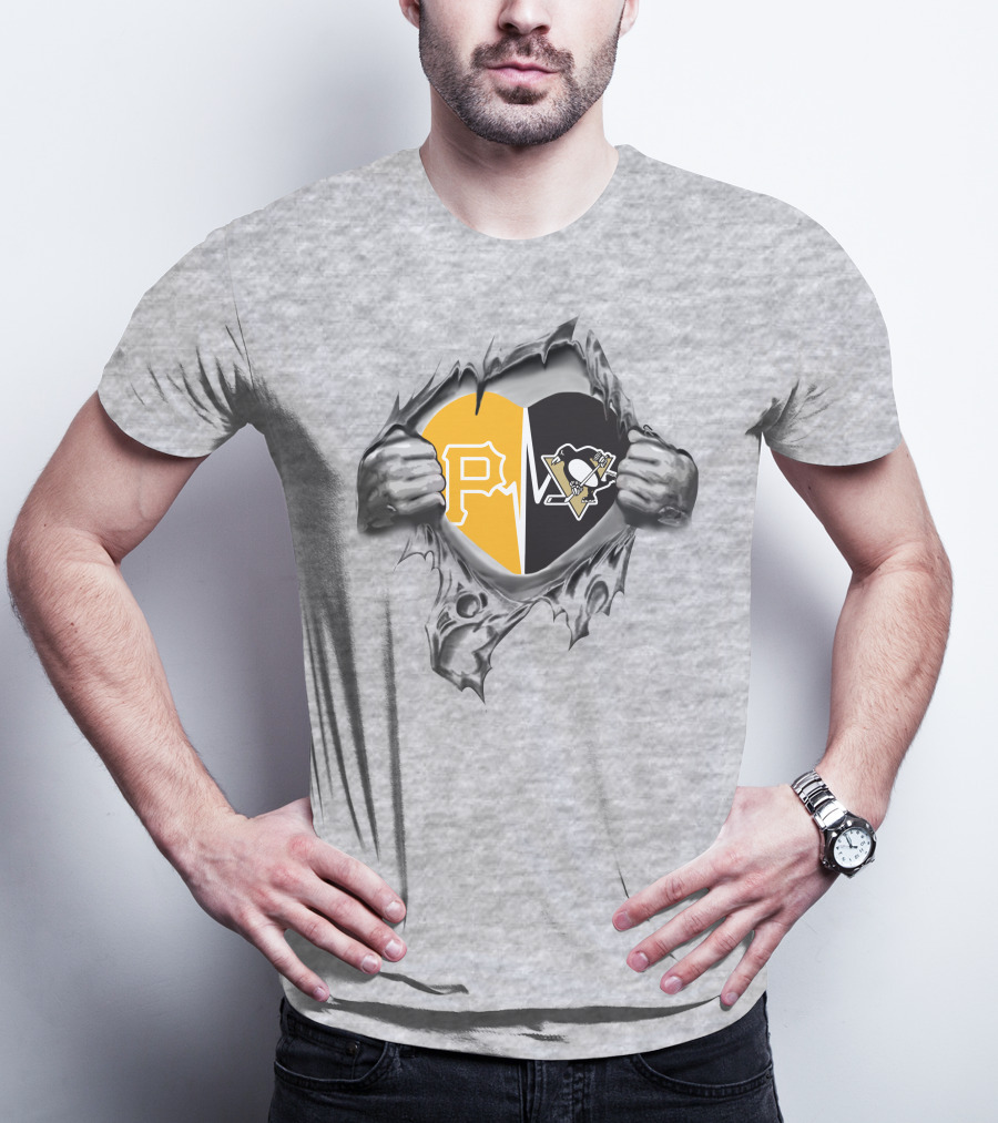 Pirates Penguins Heart With Team Logos Hidden Behind Torn Fabric T-Shirt