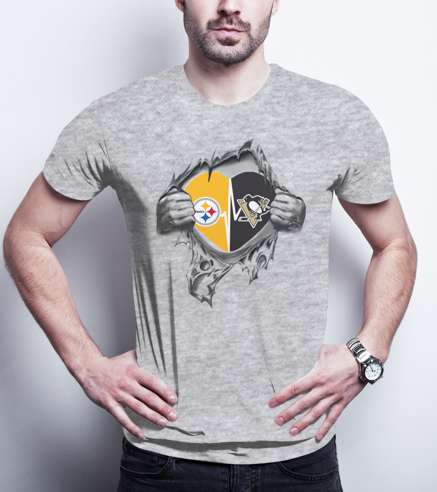 Steelers Penguins Heart With Steelers Star And Penguins Hockey T-Shirt