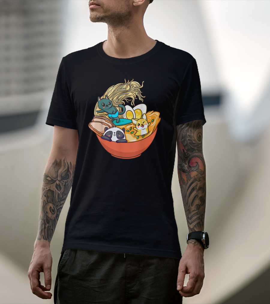 Cute Kawaii Cat Panda Dog In Ramen Bowl Japanese Anime Noodle T-Shirt