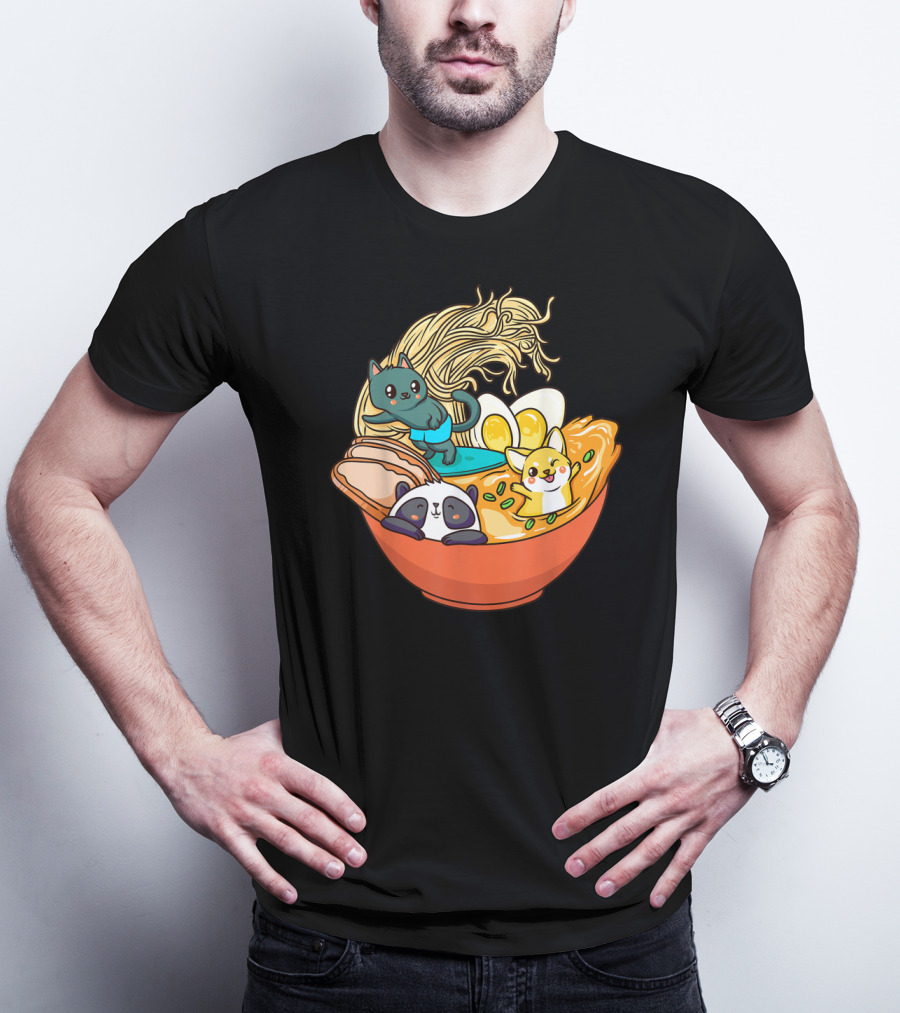 Cute Kawaii Cat Panda Dog In Ramen Bowl Japanese Anime Noodle T-Shirt