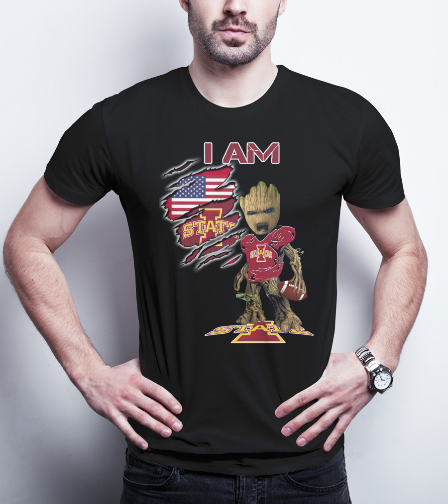 I Am Iowa State Baby Groot Football American Flag T-Shirt