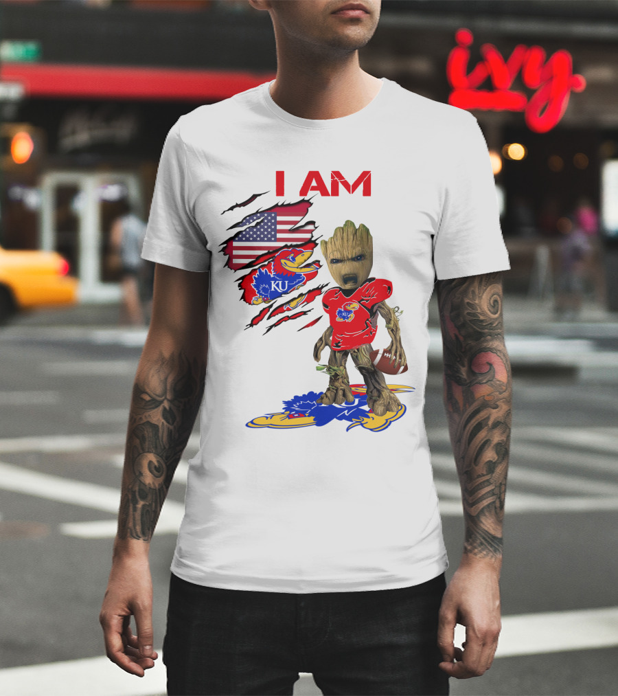 I AM Baby Groot KU Football Jayhawks American Flag T-Shirt
