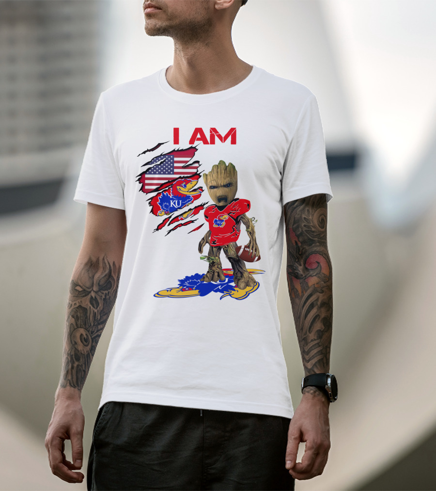 I AM Baby Groot KU Football Jayhawks American Flag T-Shirt