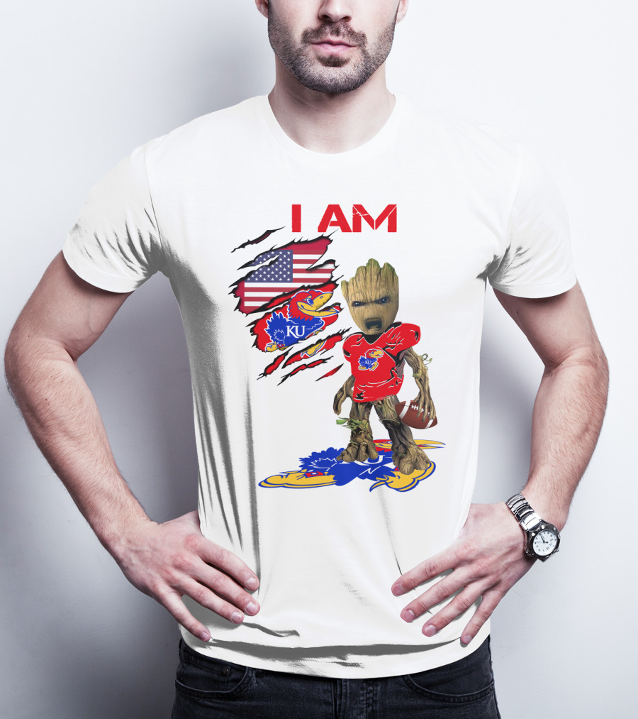 I AM Baby Groot KU Football Jayhawks American Flag T-Shirt
