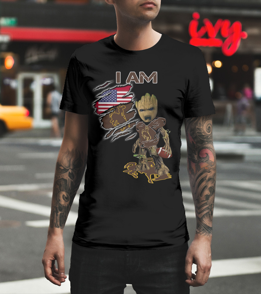 I Am Wyoming Baby Groot American Flag Cowboy Football Player T-Shirt