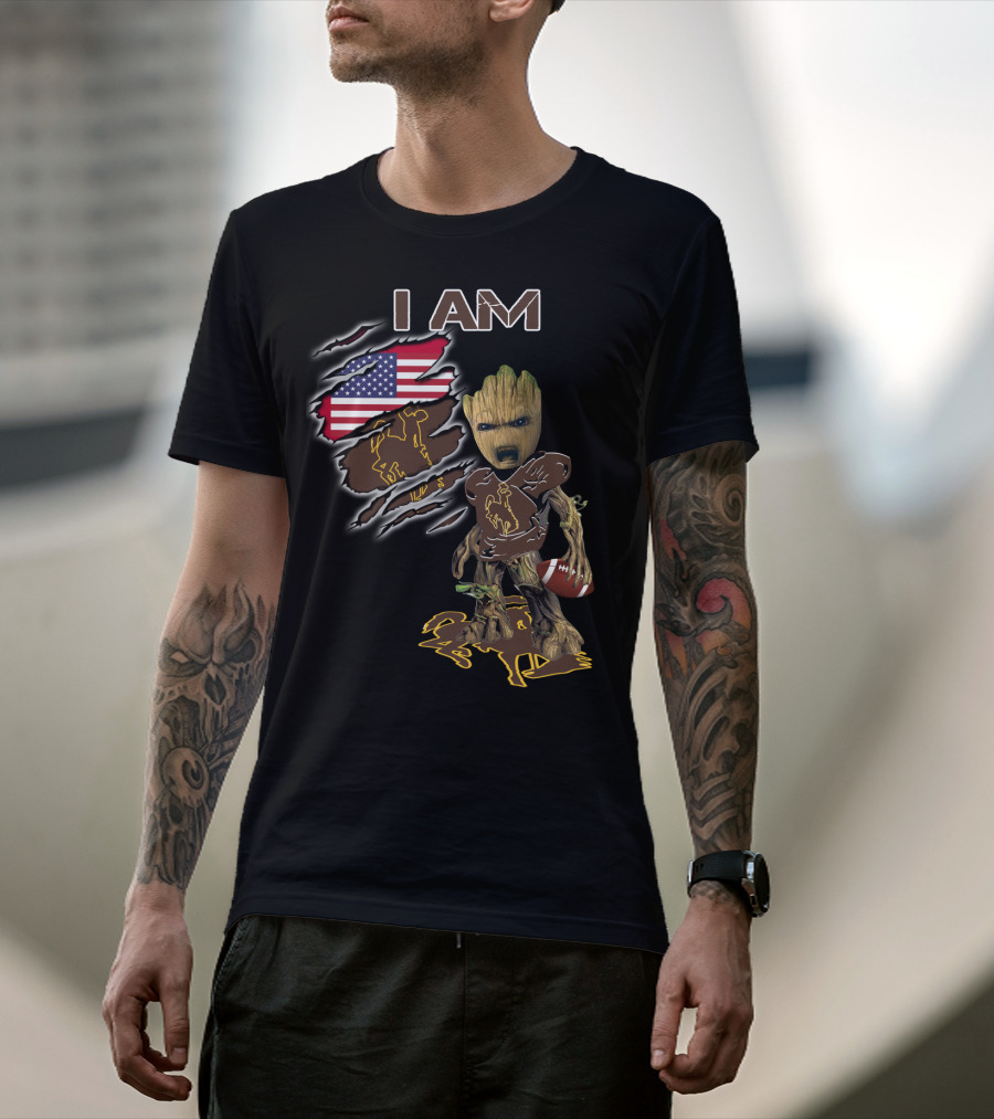 I Am Wyoming Baby Groot American Flag Cowboy Football Player T-Shirt