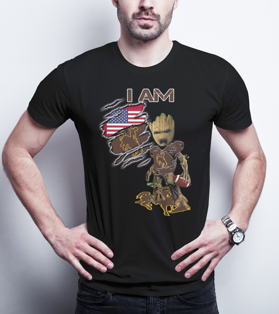 I Am Wyoming Baby Groot American Flag Cowboy Football Player T-Shirt