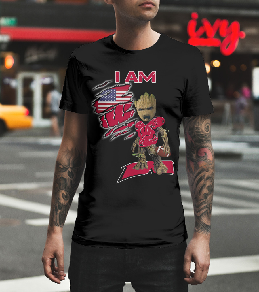 I Am Wisconsin Baby Groot Usa Flag Football W T-Shirt
