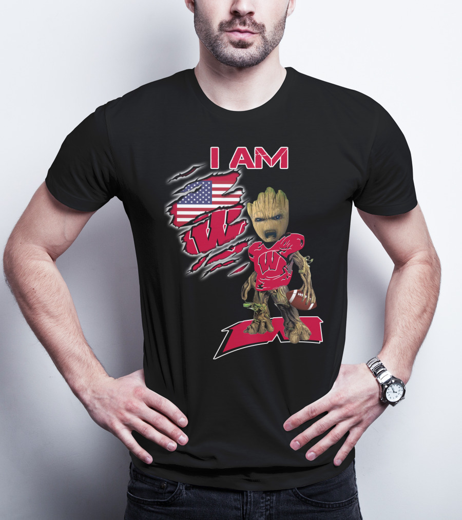 I Am Wisconsin Baby Groot Usa Flag Football W T-Shirt