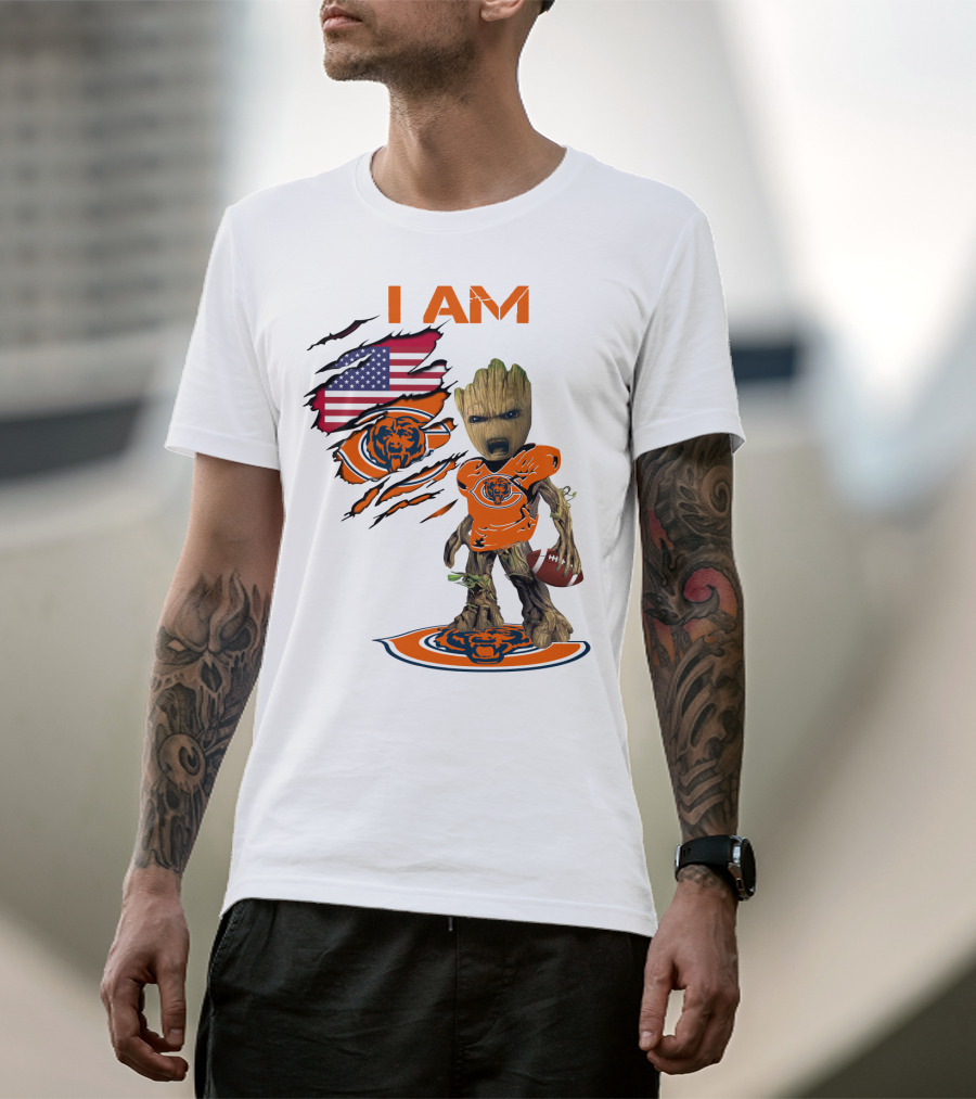 I AM Bears Baby Groot Holding Football With American Flag And Chicago Bears T-Shirt