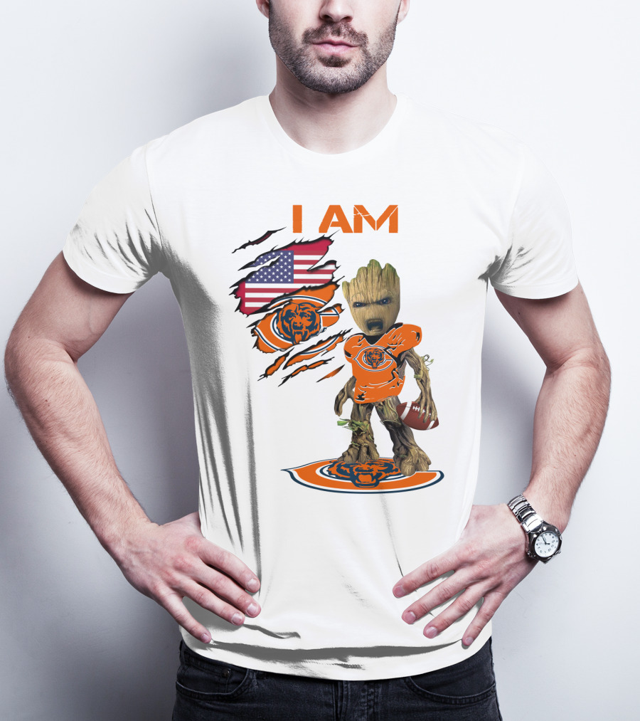 I AM Bears Baby Groot Holding Football With American Flag And Chicago Bears T-Shirt