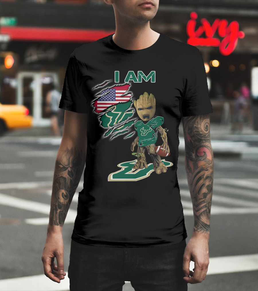 I Am Usf Baby Groot Holding Football With Usa Flag And Bulls T-Shirt