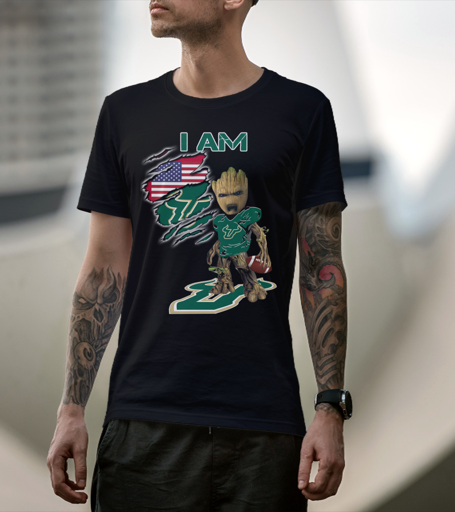 I Am Usf Baby Groot Holding Football With Usa Flag And Bulls T-Shirt