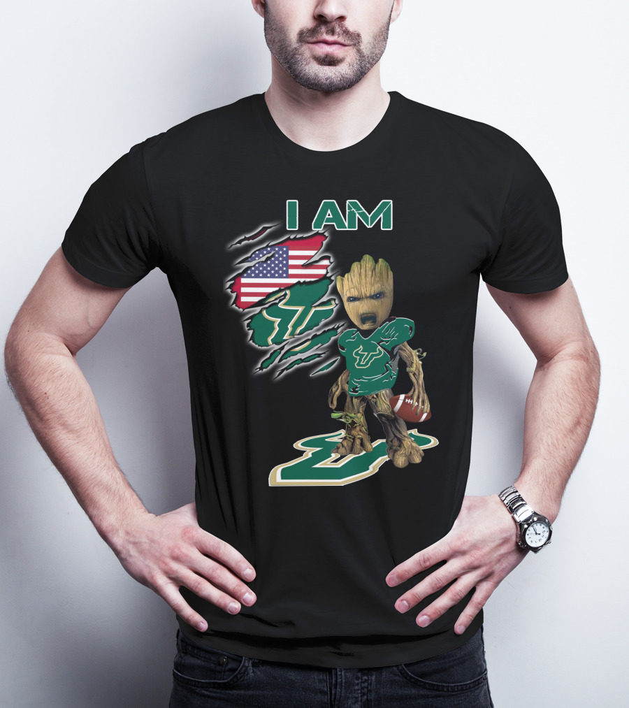 I Am Usf Baby Groot Holding Football With Usa Flag And Bulls T-Shirt