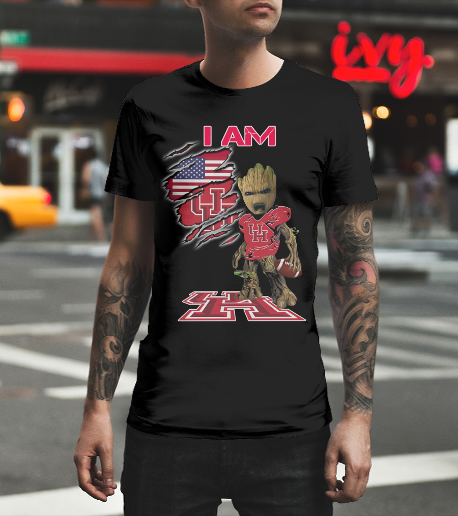 I Am Baby Groot Uh Football American Flag Houston T-Shirt
