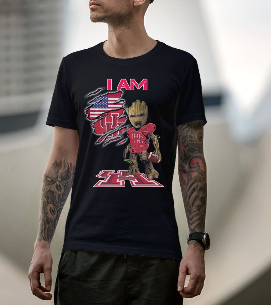 I Am Baby Groot Uh Football American Flag Houston T-Shirt
