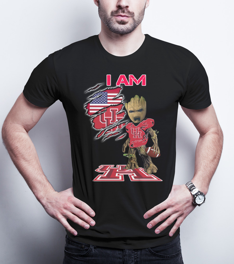 I Am Baby Groot Uh Football American Flag Houston T-Shirt