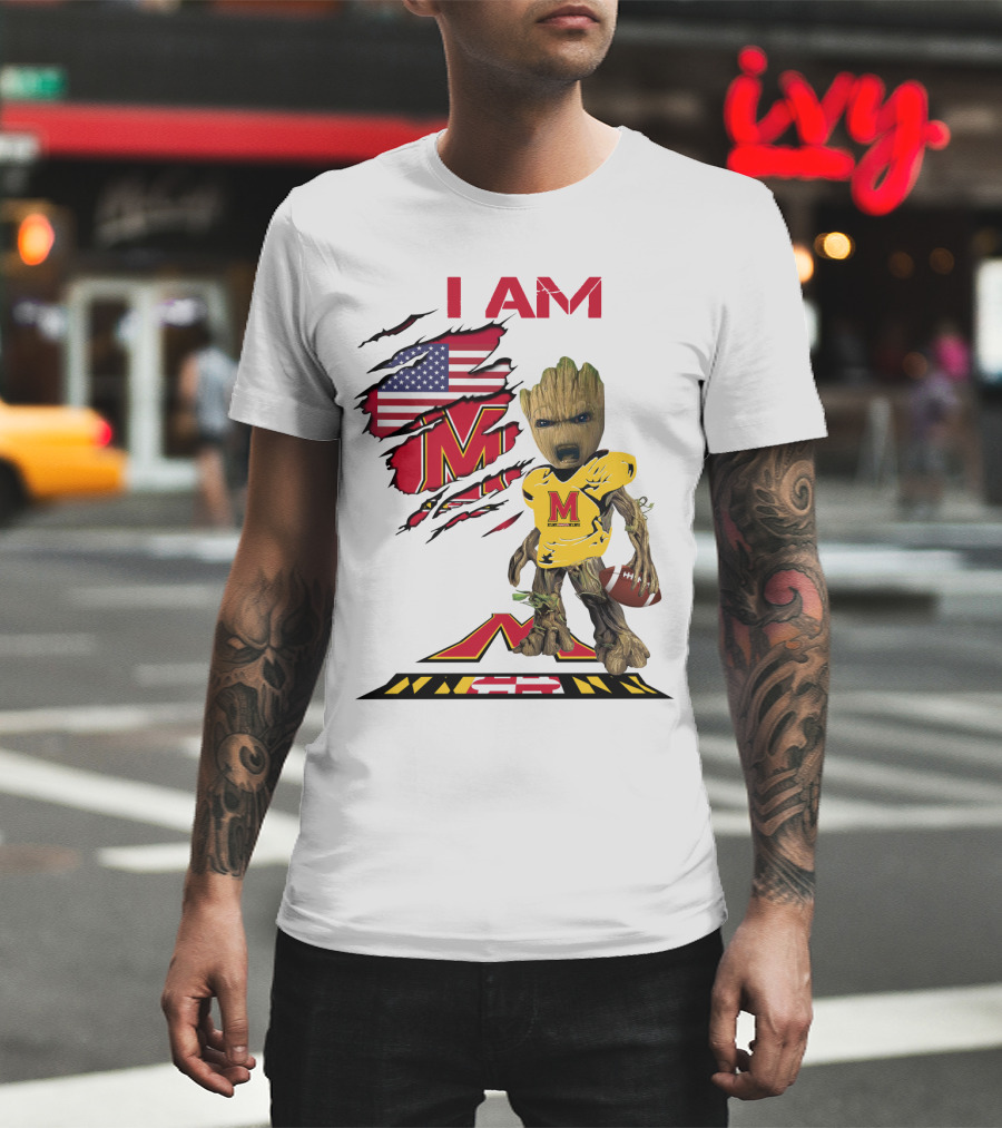 I Am Maryland Baby Groot Football M Logo American Flag T-Shirt