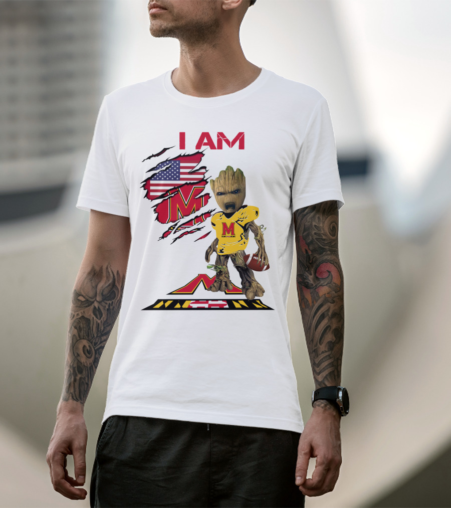I Am Maryland Baby Groot Football M Logo American Flag T-Shirt