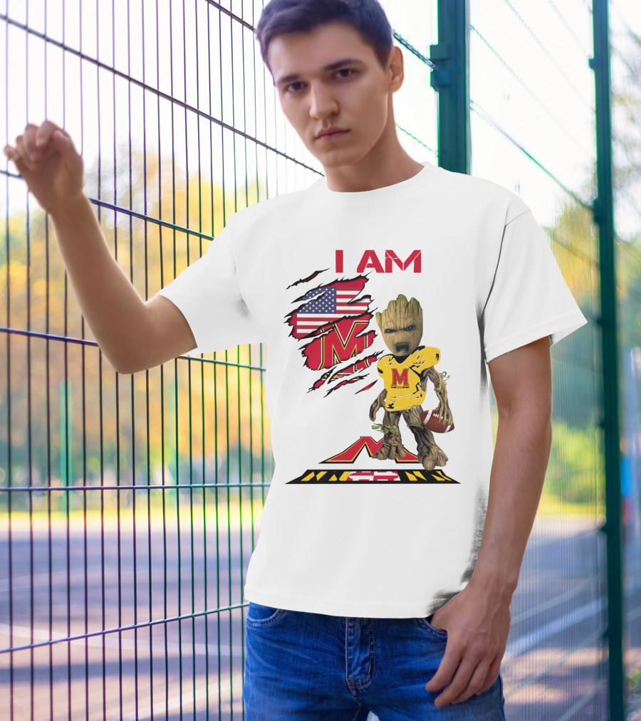 I Am Maryland Baby Groot Football M Logo American Flag T-Shirt