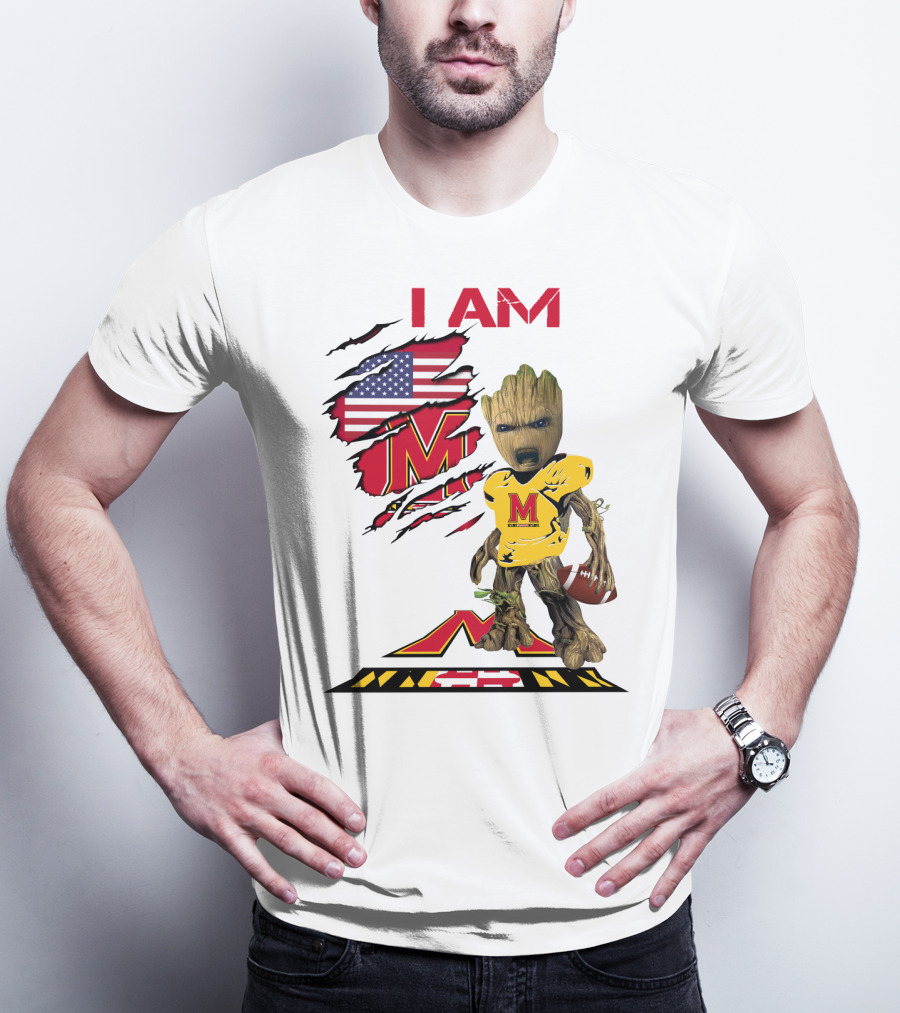 I Am Maryland Baby Groot Football M Logo American Flag T-Shirt