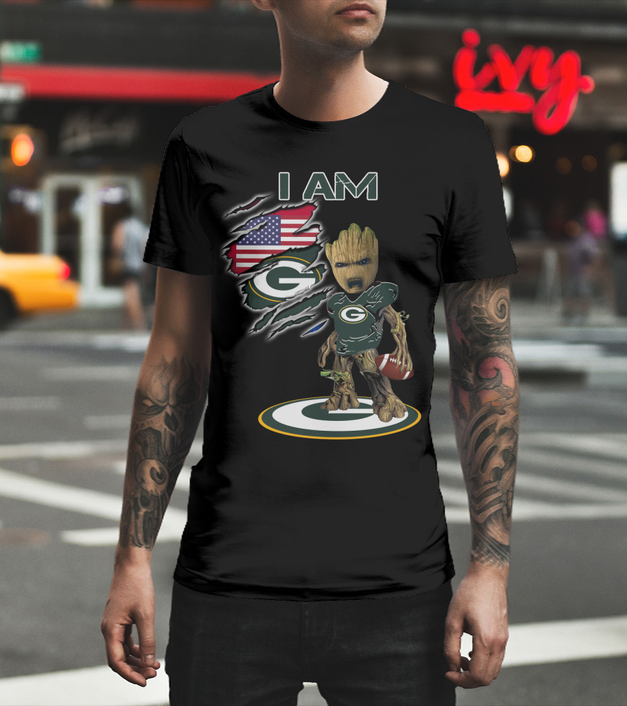 I Am Packers Baby Groot American Flag Football T-Shirt
