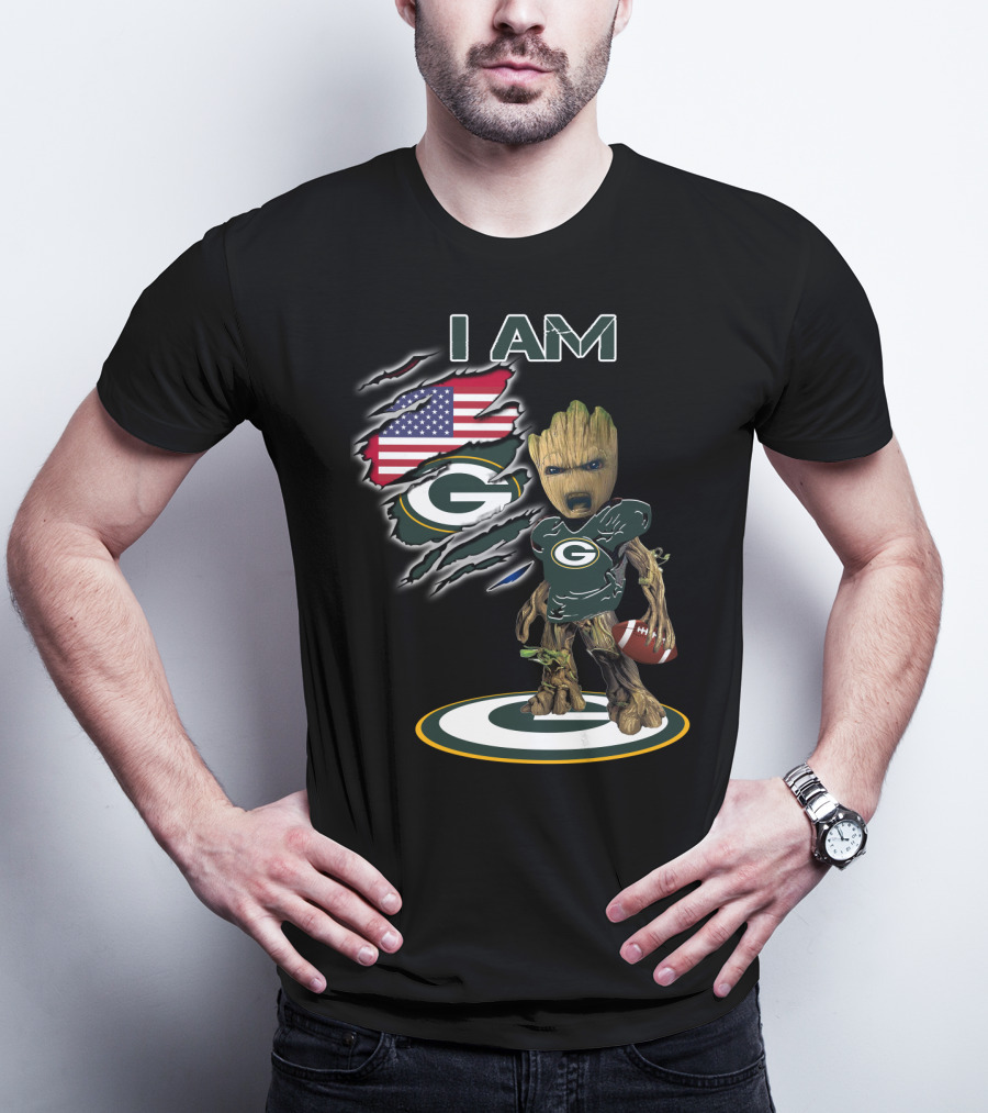 I Am Packers Baby Groot American Flag Football T-Shirt