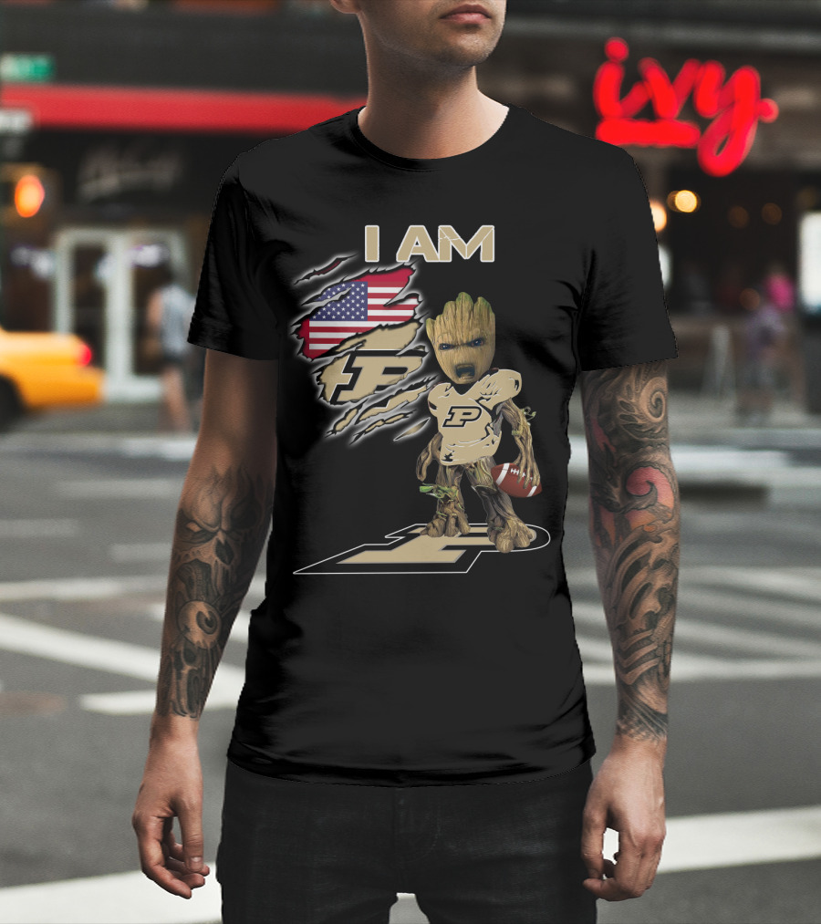 I Am Purdue Baby Groot American Flag Purdue Football T-Shirt