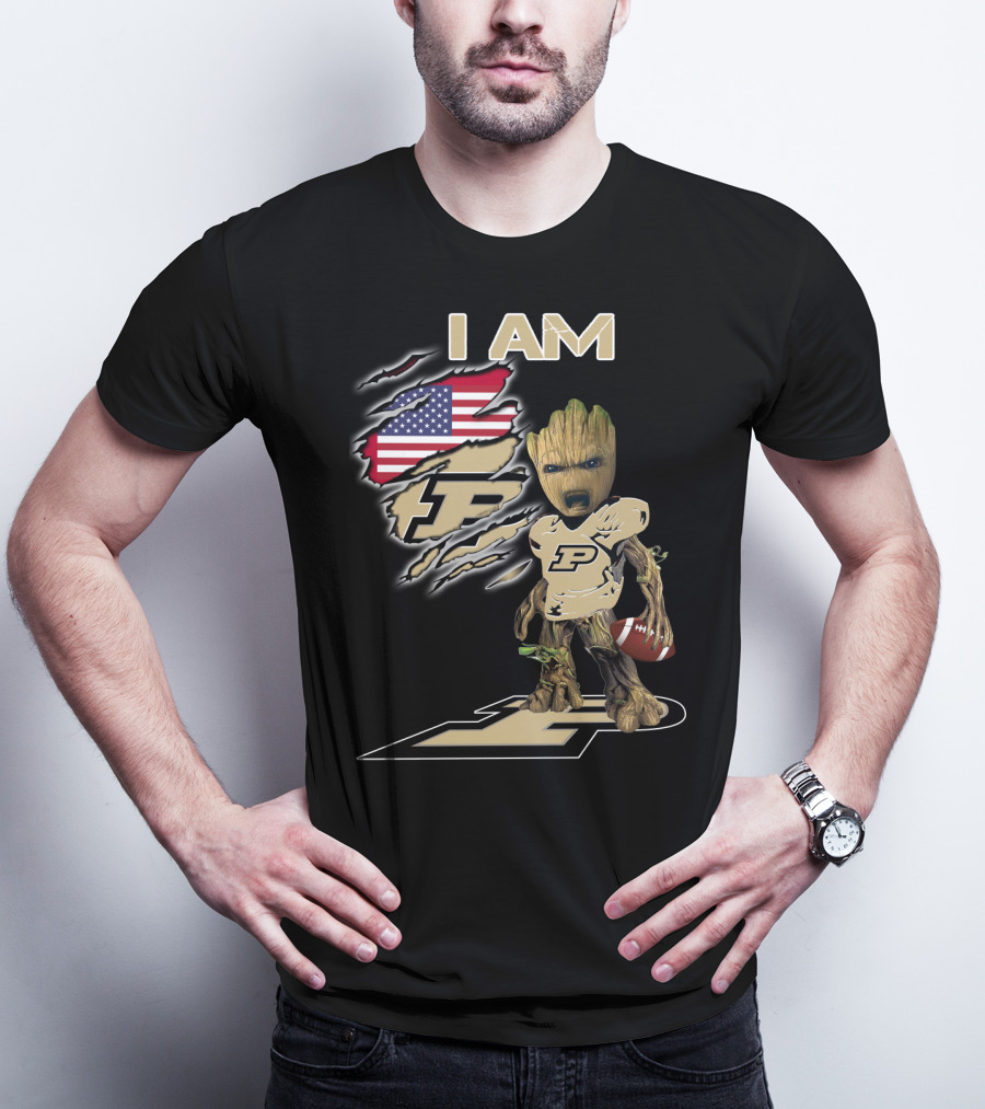 I Am Purdue Baby Groot American Flag Purdue Football T-Shirt