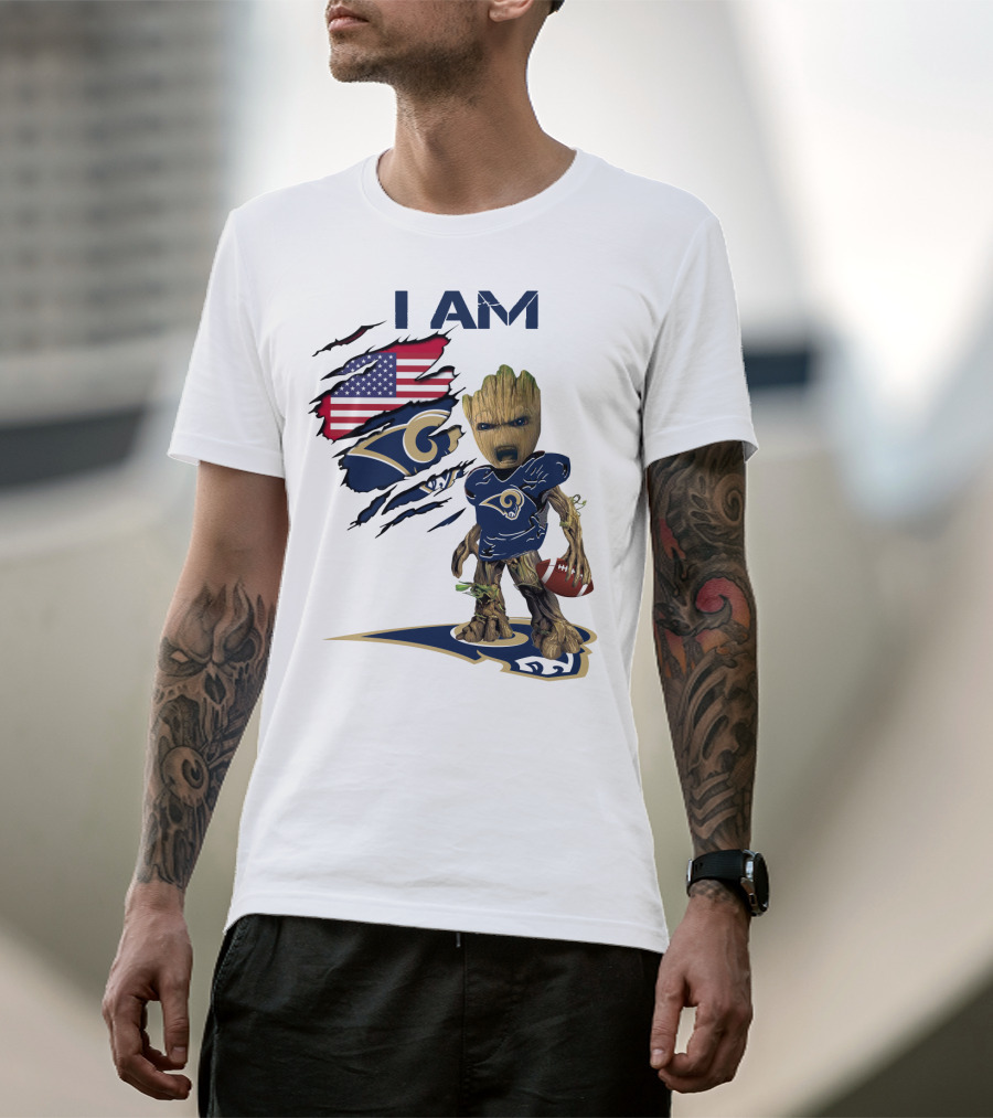 I AM Rams Baby Groot Football USA Flag T-Shirt